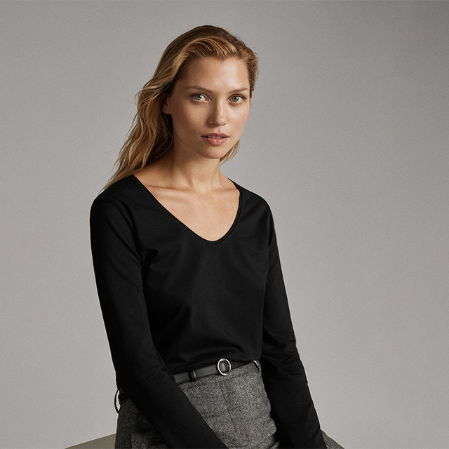 Spanish high-end basic pure white T-shirt women's long-sleeved slim V ...