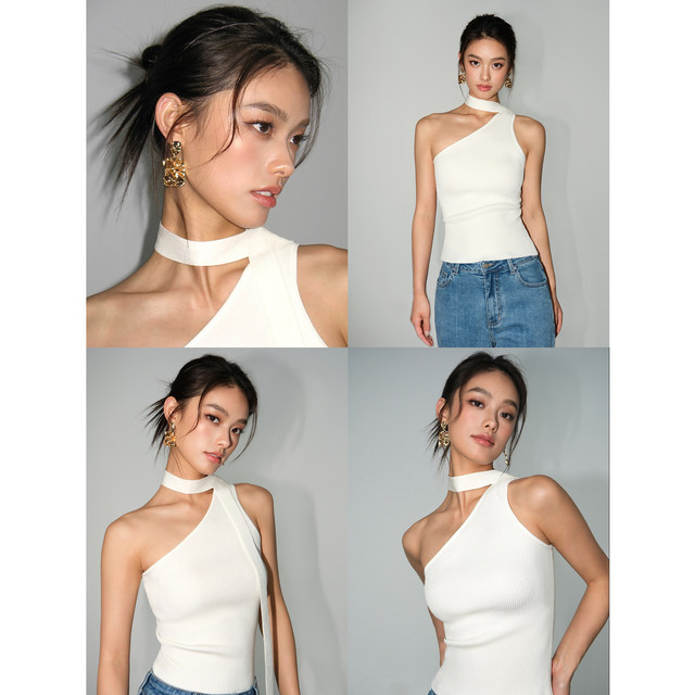 NEVA HU Black slanted shoulder knitted vest for women in summer, slim ...