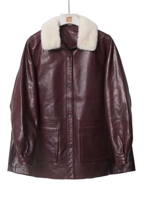 真 领 2024 Winter retro sheepskin loose leather jacket