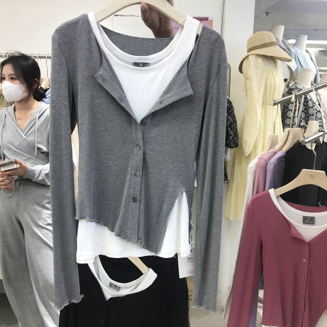 2021 early autumn new off -shoulder top long sleeves irregular split T ...