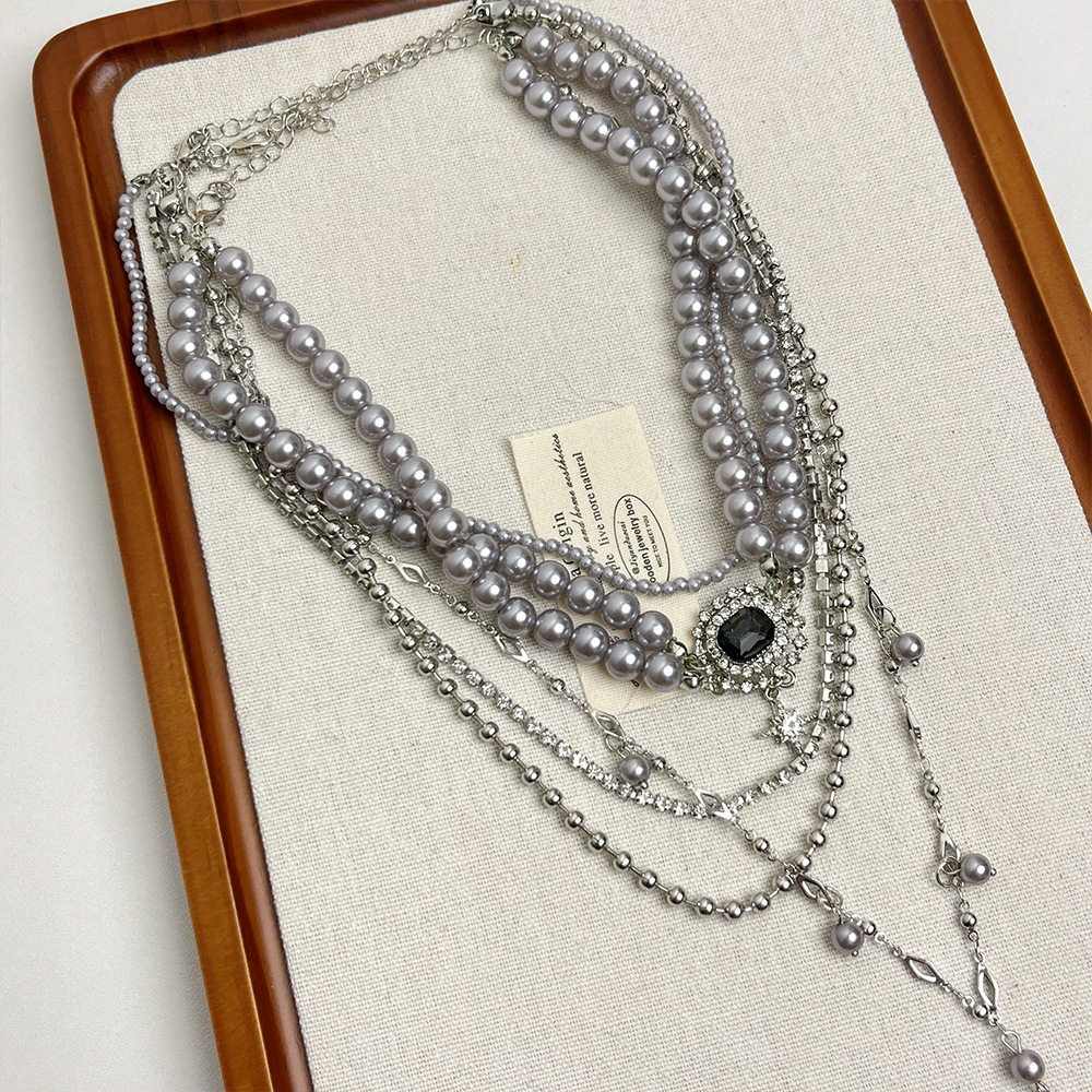 Multi-layered silver-gray pearl necklace for women retro niche choker ...