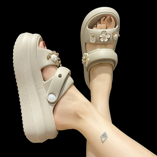 Cute flowers Pearl Sandals Female Summer Net Infrared Portrait Powder ...