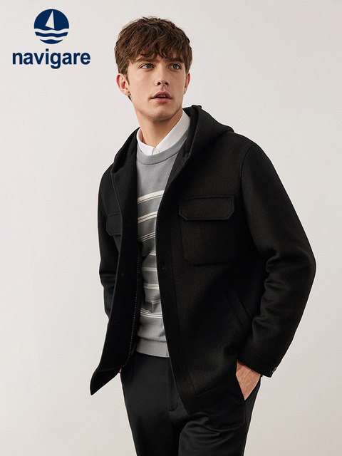 [Pure Wool] Navigare Italian Small Sail Black Woolen Coat Men's Winter ...