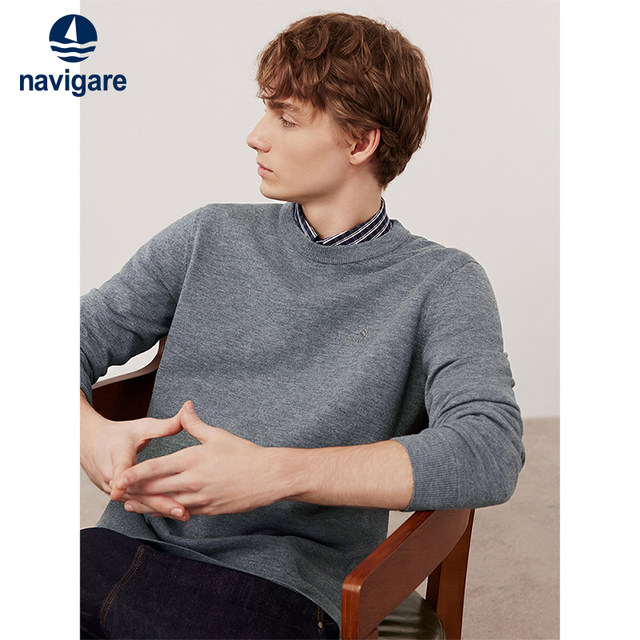 [Pure Wool] Navigare Italian Small Sailing Gray Round Neck Sweater Men ...