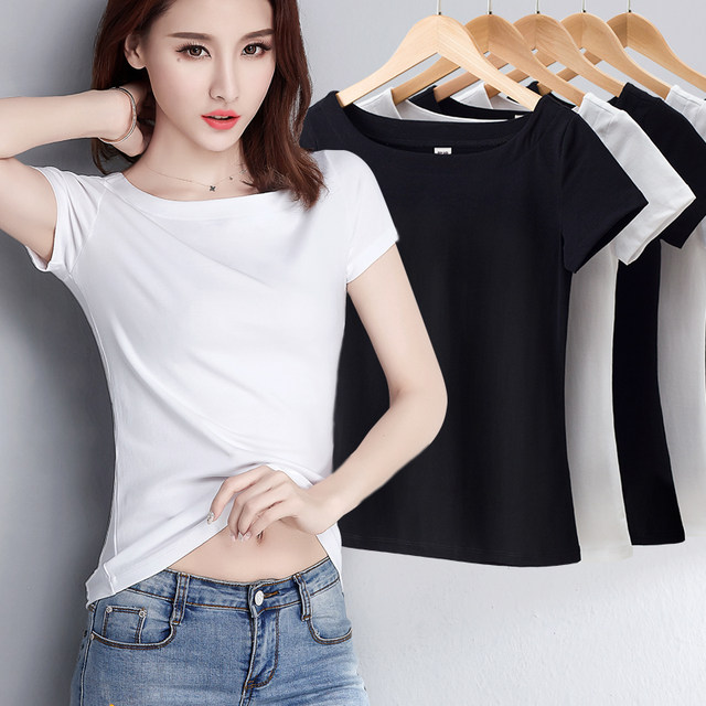 White cotton short-sleeved t-shirt for women, new summer style inner ...