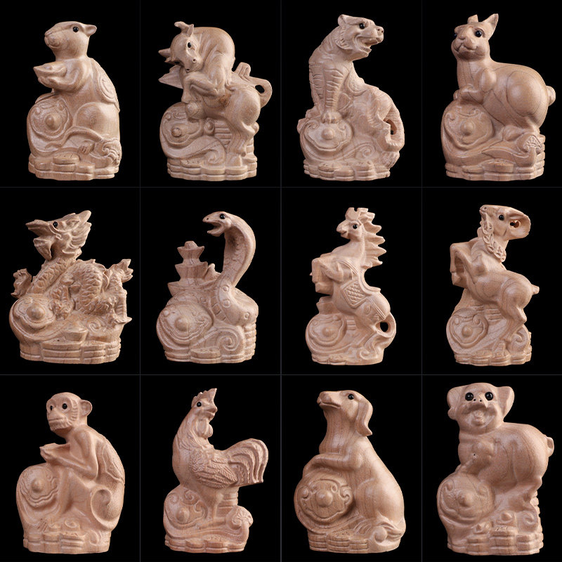 Chinese Zodiac Solid Wood Carving Decoration Set, Mahogany Crafted for ...