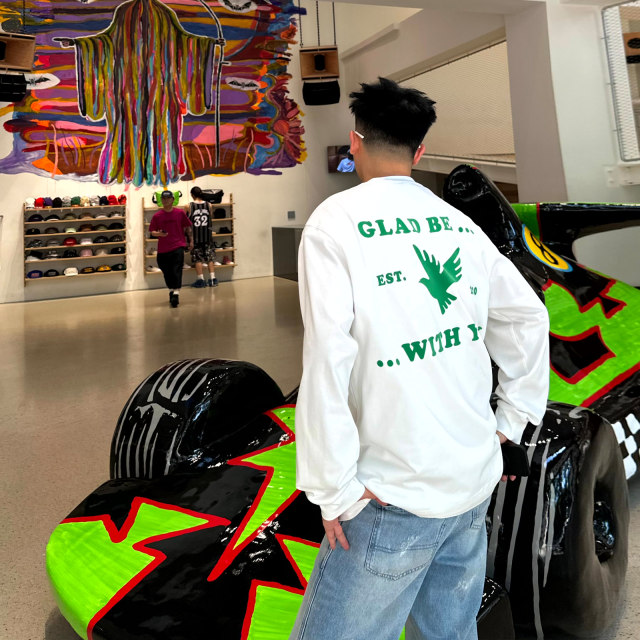 SANBAI Sanbai green printed long-sleeved T-shirt men's round neck heavy ...