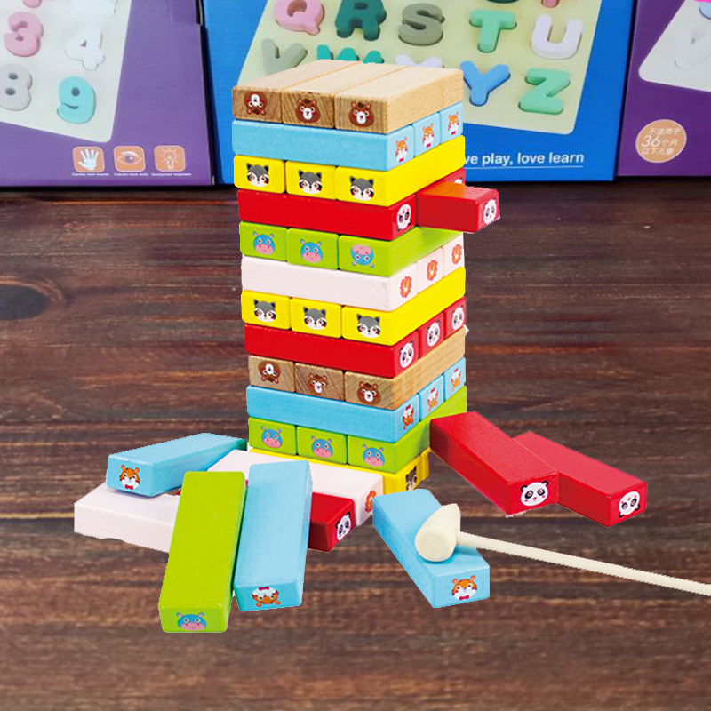 Wooden Children's Educational Toys Animals Jenga Tower Parent-Child ...