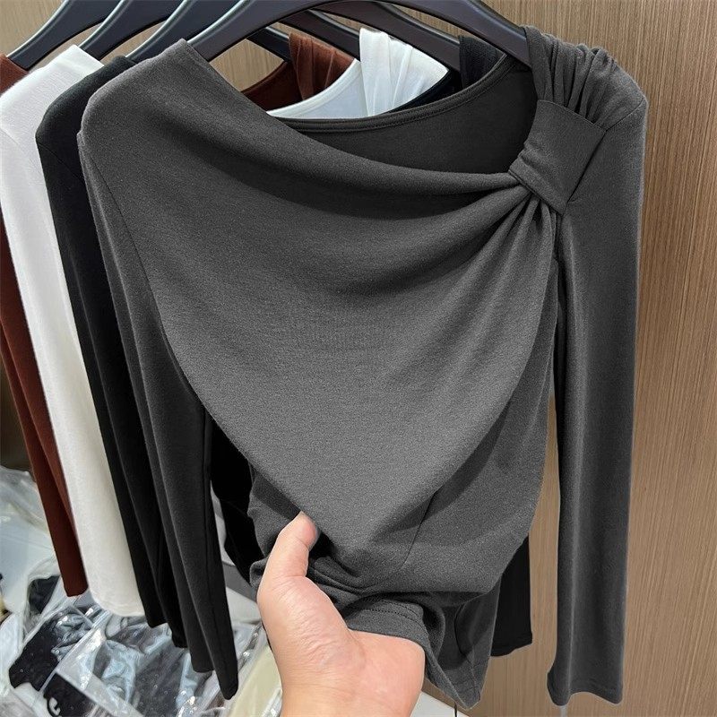 Chic sweet and spicy pleated slanted neck long sleeve T-shirt for women ...