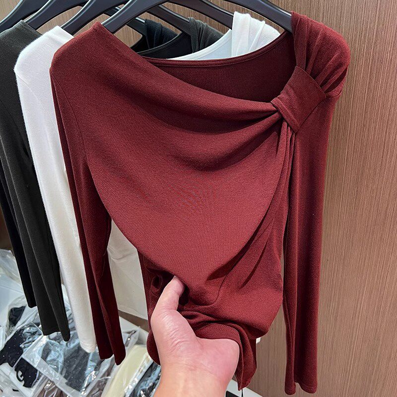 Chic sweet and spicy pleated slanted neck long sleeve T-shirt for women ...