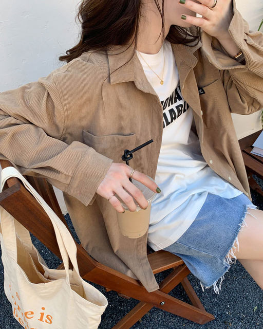Bestow Retro Khaki Shirt Jacket Women's Lazy Style Loose Long Sleeve ...