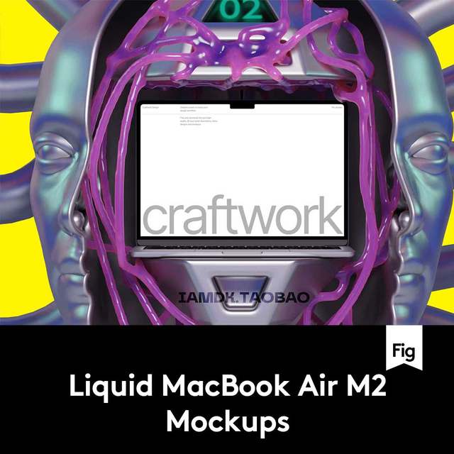 Future sci-fi cyberpunk style notebook MacBook Air M2 screen demonstration mockup Figma template