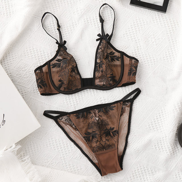 Sexy deep U low center ultra-thin mesh embroidered lace fully ...