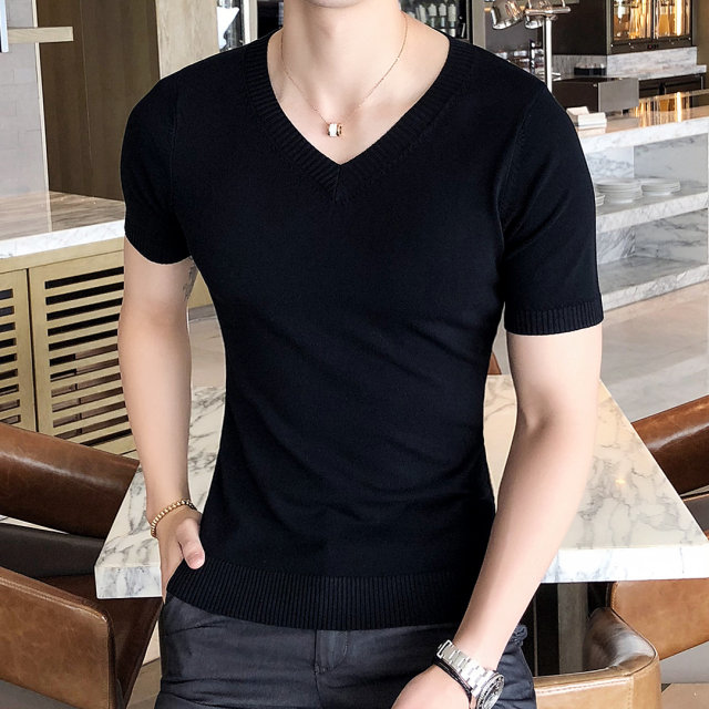 Slim height elastic short-sleeved sweater t-shirt men's half-sleeve ...