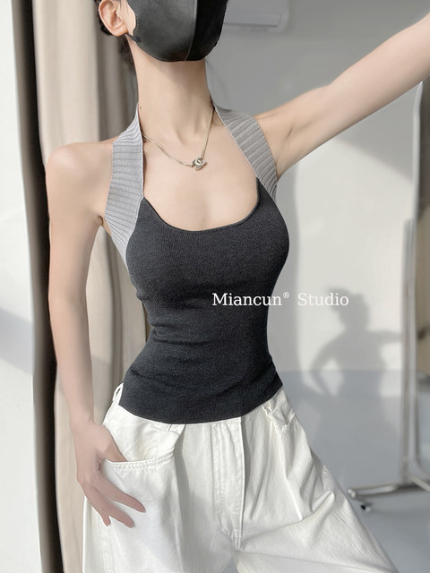 MianCun sexy backless contrasting halter neck hanger top for women slim ...