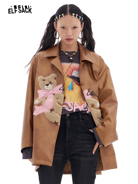 Fairy pocket satin spliced plush bear pu leather jacket for women 2025 ...