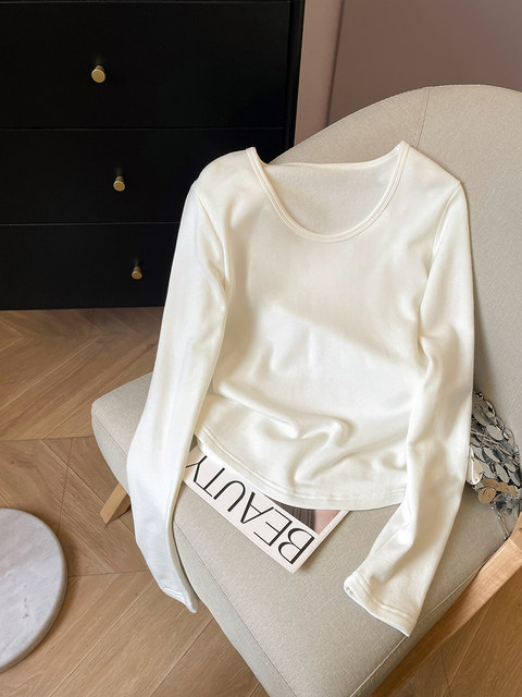 Small C home white round neck inner fur base shirt for women's spring ...