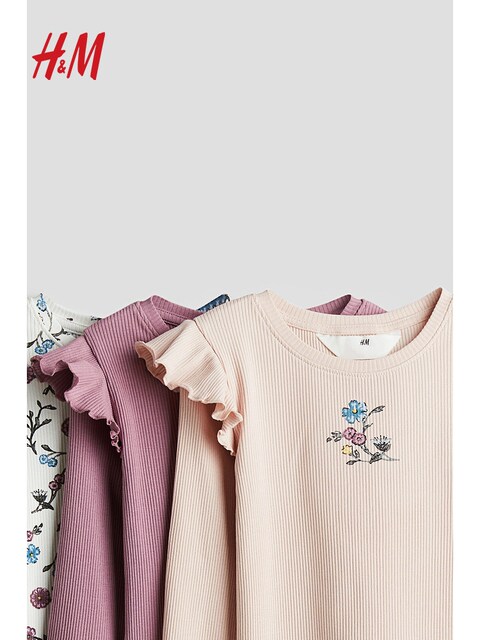 HM children's clothing girls T-shirt 3-piece spring round neck slim fit ...