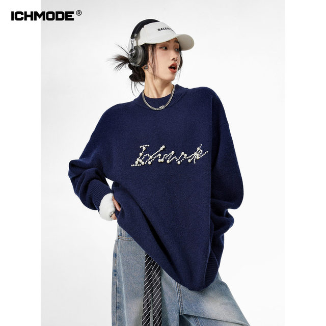 ICHMODE American retro round neck Lazy Wind Sweater outer Set 2024 New ...