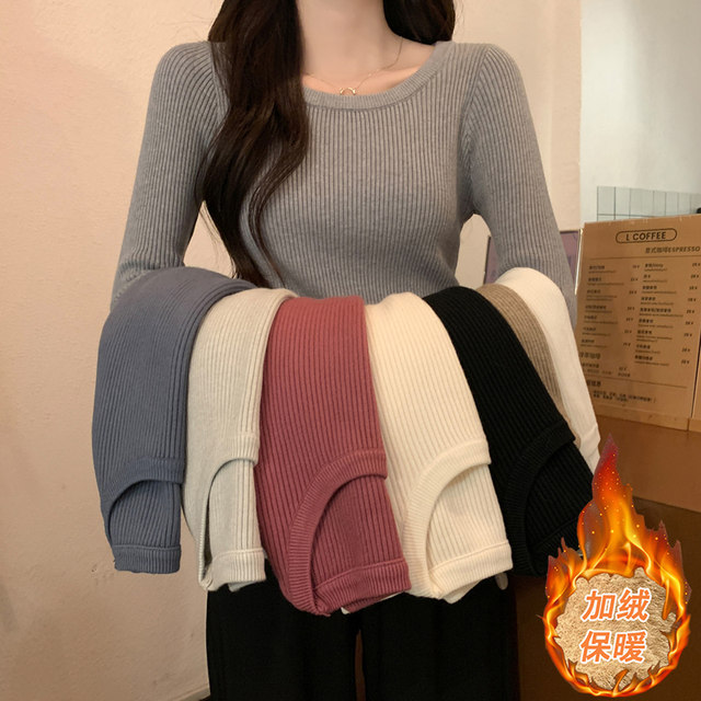 Autumn and winter new round neck long-sleeved sweater top slim fit ...