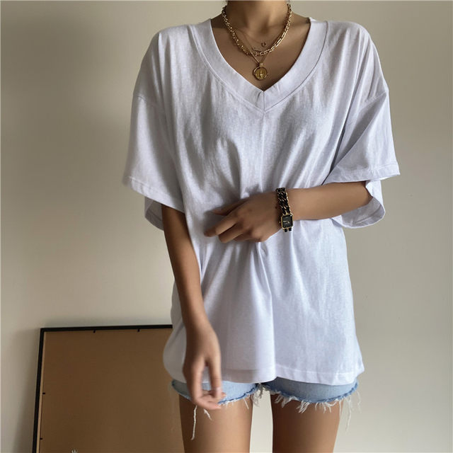 LuoluoDian Basic large V-neck off-shoulder short-sleeved TEE loose ...