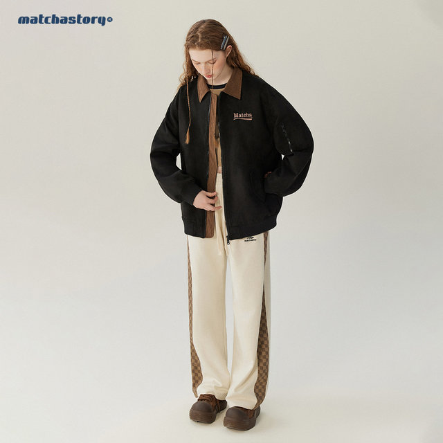 MATCHASTORY Matcha Story Lapel Contrast Color American Retro Suede ...