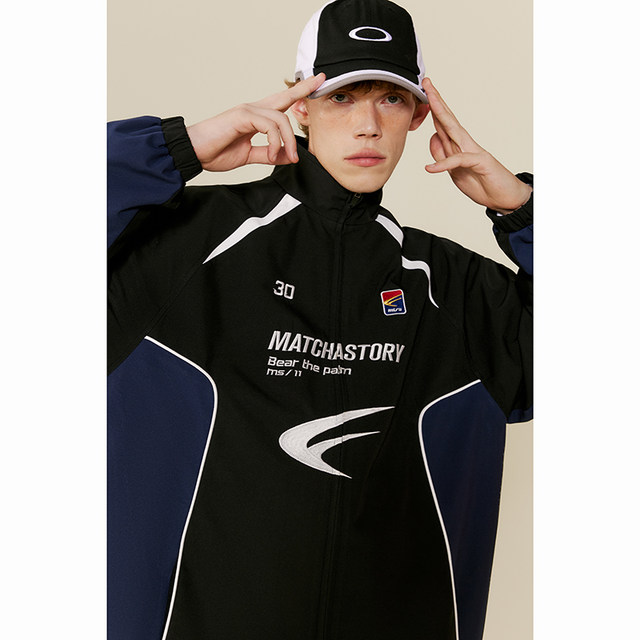 MATCHASTORY Matcha Story Contrast Color Embroidered Stand Collar Jacket ...