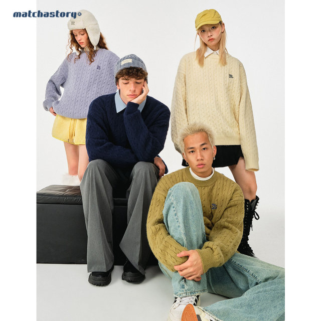 MATCHASTORY Matcha Story Retro Twist Loose Couple Sweater Men's and ...