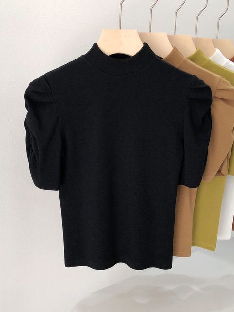 Early spring puff sleeves, mid-sleeved half-high neck T-shirt for women ...