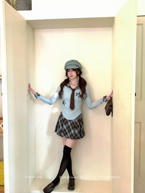 Fabric Pig Blue Star River Sweet Cool Academy Style JK Set Women's Navy Collar Top + plaid skirt ...