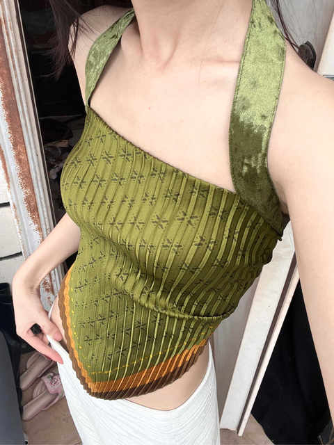 Antimoon moss green, white, elegant old flower velvet hanging neck ...