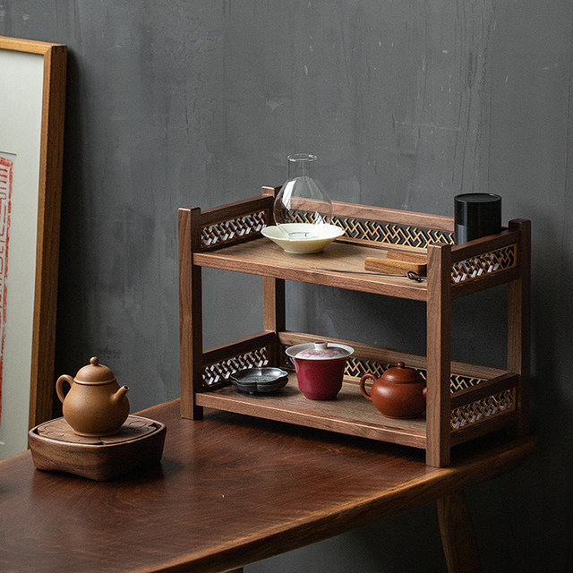 Black walnut new Chinese tea set cup storage rack desktop small storage ...