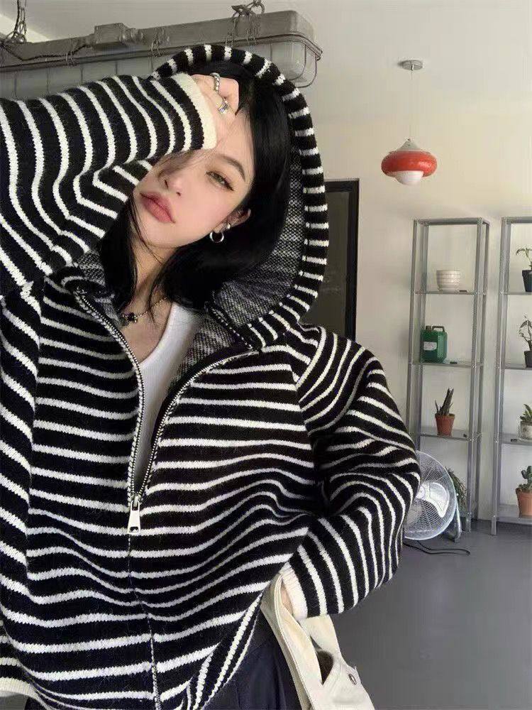 oversize! Lazy wind long -sleeved striped hooded zipper cardigan ...