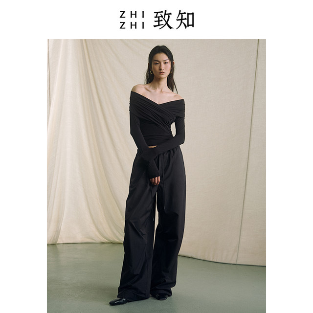 ZHIZHI Frosty Moon one-shoulder T-shirt for women 2024 summer new long-sleeved slim chic sexy black