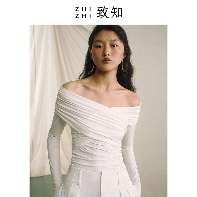 ZHIZHI Frosty Moon one-shoulder T-shirt for women 2024 summer new long-sleeved slim chic sexy black