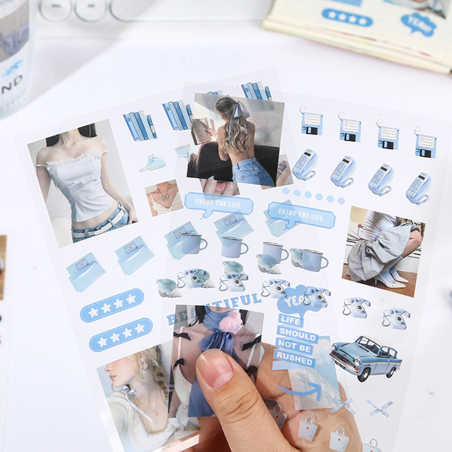 pet manual sticker transparent ins style Korean manual blue decoration ...