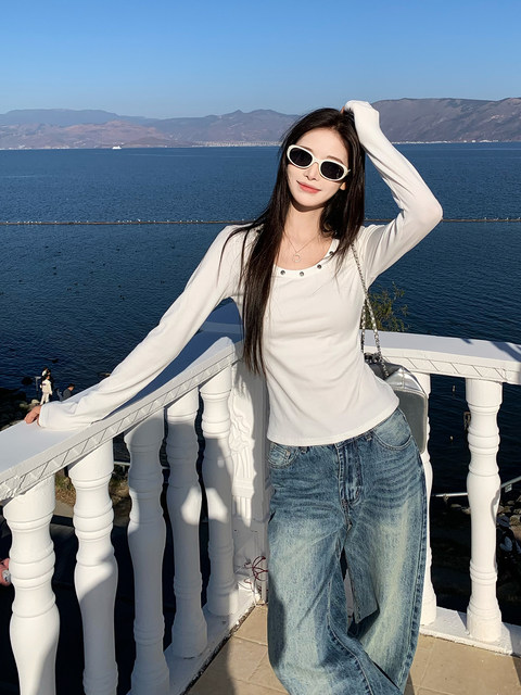 3MER Oh, the three girls rivet round neck versatile slim long-sleeved T-shirt for women 2025 ...