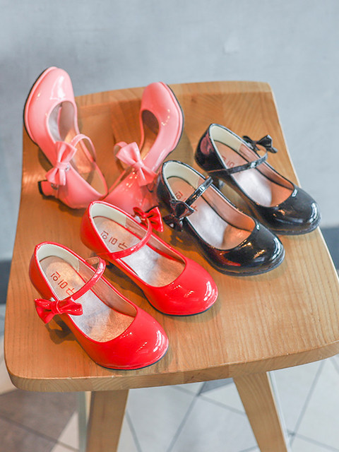 Girls high heels little princess shoes red children's leather shoes ...
