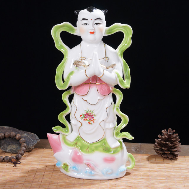 Auspicious Buddha Pavilion Ceramic Golden Boy and Jade Girl Buddha Statue Boy and Girl Goddess ...