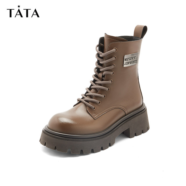 Tata British style retro Martin boots women's brown velvet thick-soled ...