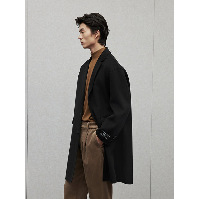 GXG men's black woven label embellished simple commuting long wool coat 24 winter new products