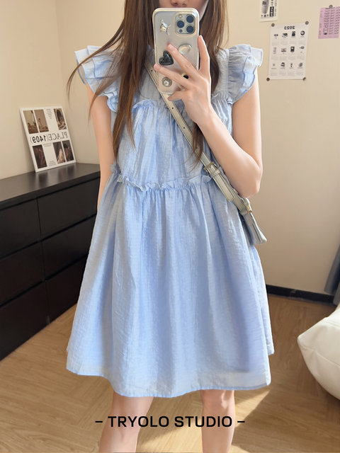 Spot TRYOLO white small flying sleeve dress with wooden ears sweet doll ...