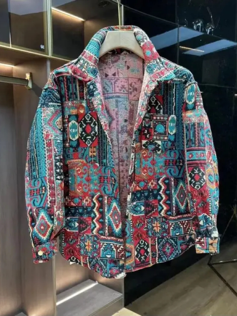 Autumn new style ethnic style jacquard yarn-dyed jacket men's lapel ...