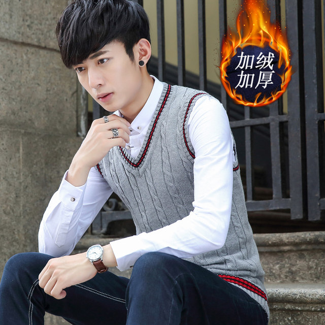 Autumn and winter sweater vest men's V -neck sweater plus velvet thickened warm horse clip vest ...