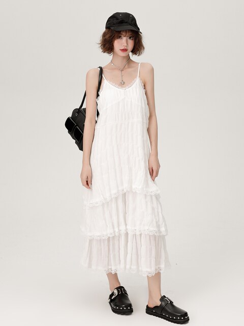 Girlhalo white lace sling skirt for women in summer loose slim dress ...