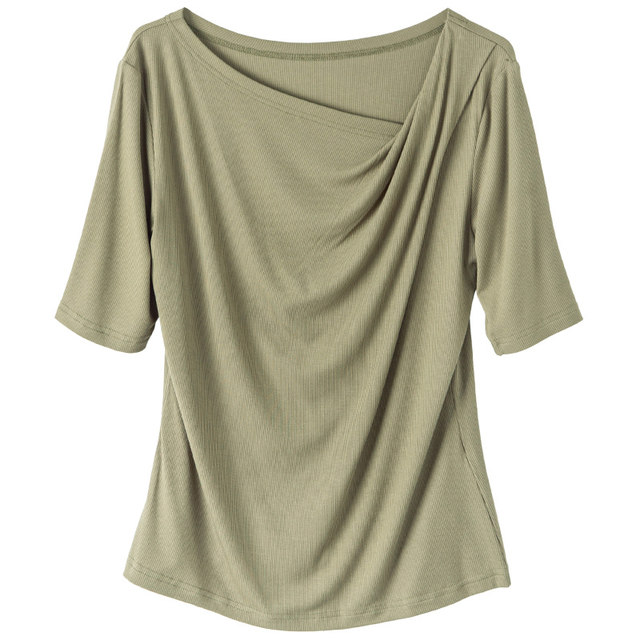 Elegant French one-line swag collar mulberry silk no-iron ribbed short ...