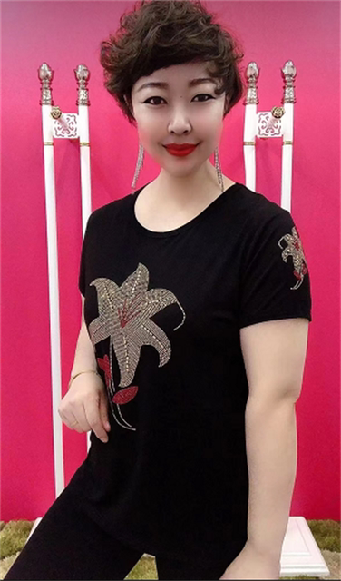 Summer short-sleeved round neck perm diamond T-shirt for middle-aged ...
