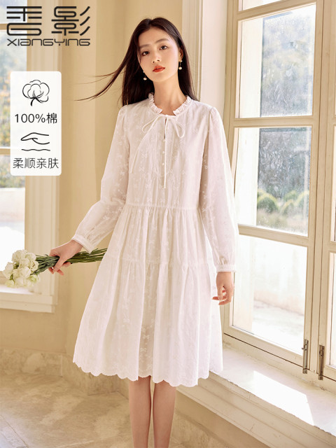 Xiangying White Cotton Dress Women's 2025 Autumn New Heavy Industry Bow ...
