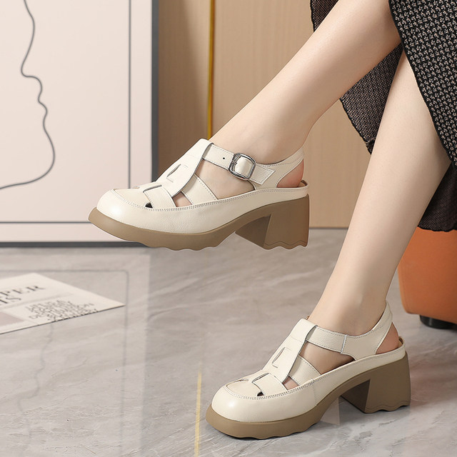 Genuine leather toe-toe sandals for women 2024 new summer hollow pig ...