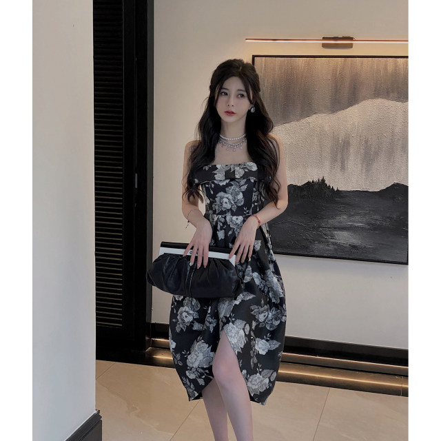 Xu Lin mini rose printed black suspender dress summer women's new style ...